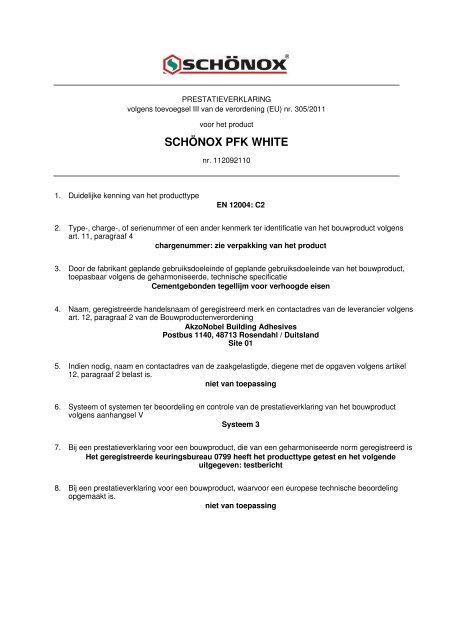 Prestatieverklaring - Schonox