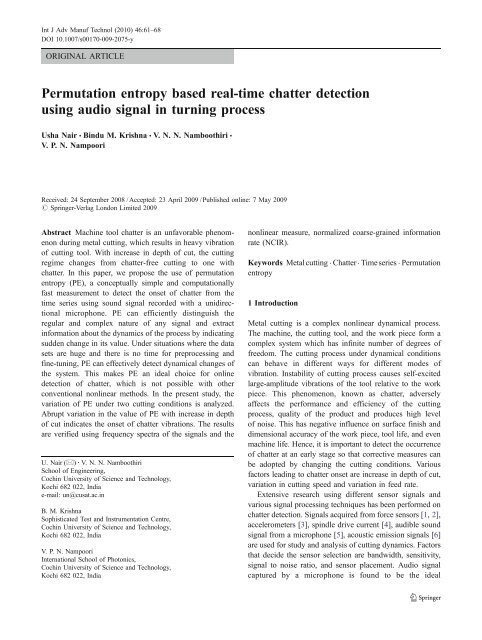 Permutation Entropy Based Real Time Chatter Detection Using Audio