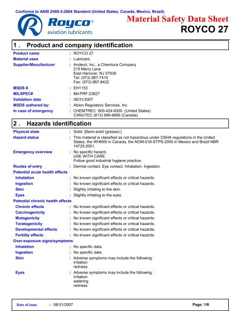 Material Safety Data Sheet ROYCO 27 - SkyGeek.com