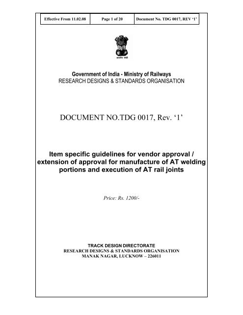 DOCUMENT NO.TDG 0017, Rev. '1' - rdso - Indian Railway