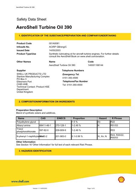 L1 - MSDS Aeroshell Turbine Oil 390 - Direct Aviation