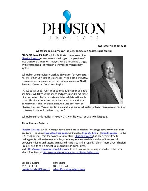 FOR IMMEDIATE RELEASE Whittaker Rejoins Phusion Projects ...
