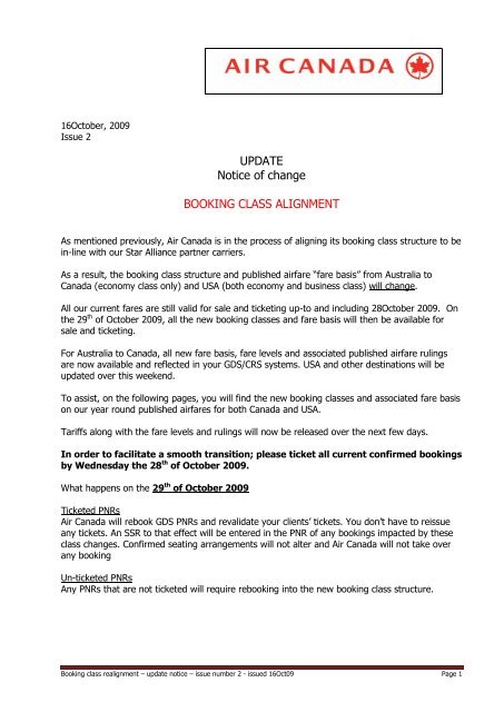 UPDATE Notice of change BOOKING CLASS ALIGNMENT