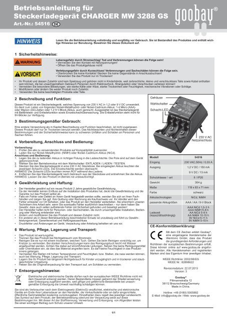 Schnellstart-Anleitung für Steckerladegerät CHARGER ... - Wentronic Schnellstart-Anleitung für Steckerladegerät CHARGER ... - Wentronic