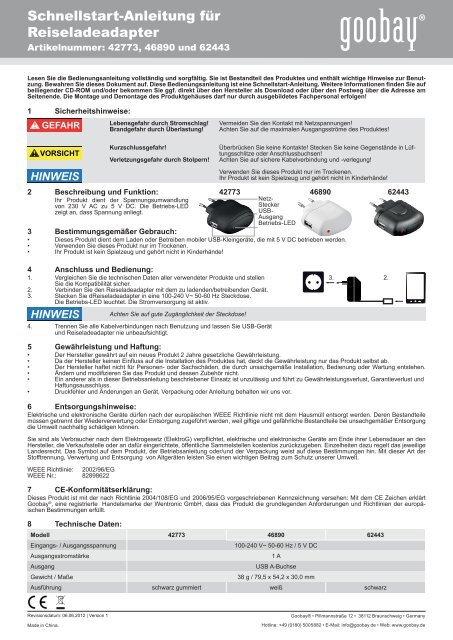 Schnellstart-Anleitung für Reiseladeadapter - Wentronic Schnellstart-Anleitung für Reiseladeadapter - Wentronic