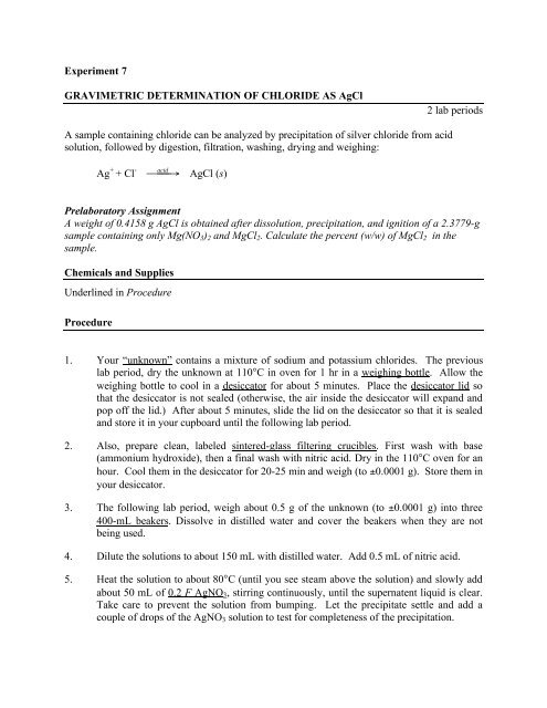 Determination Of Chloride By Gravimetric Analysis LAB Report Determination Of Chloride By Gravimetric Analysis LAB Report