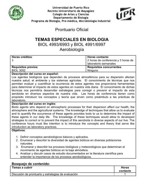 Temas Especiales en Biología (BIOL 4993/6993 y ... - Biología - UPRM