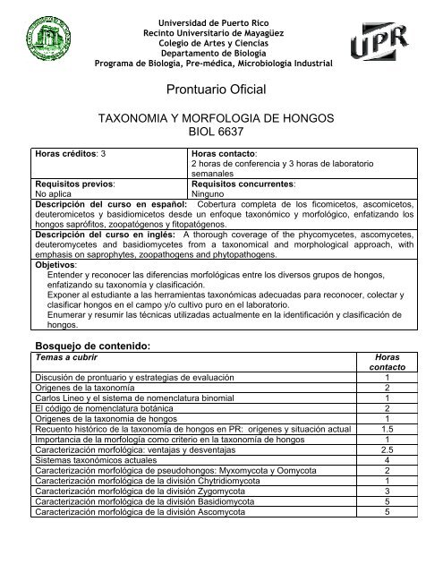 Taxonomía y Morfología de Hongos (BIOL 6637) - Biología - UPRM