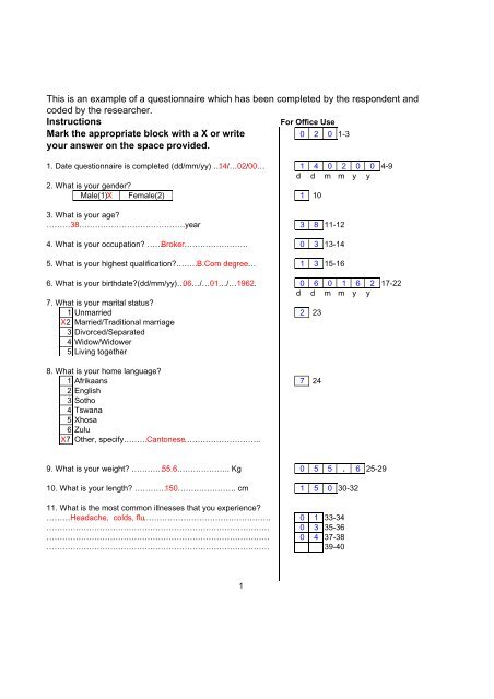 This is an example of a questionnaire which has been completed by ...