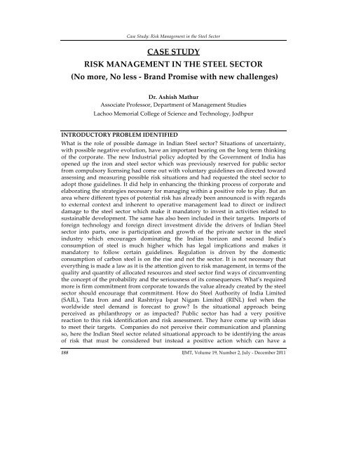 Case Study Risk Management in the Steel Sector - IJMT Publication
