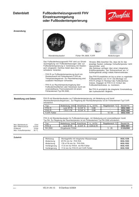 Datenblatt Fußbodenheizungsventil FHV ... - Danfoss