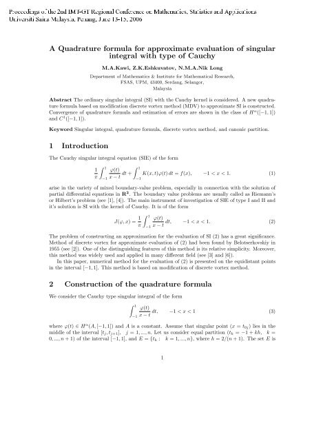A Quadrature formula for approximate evaluation of singular integral ...