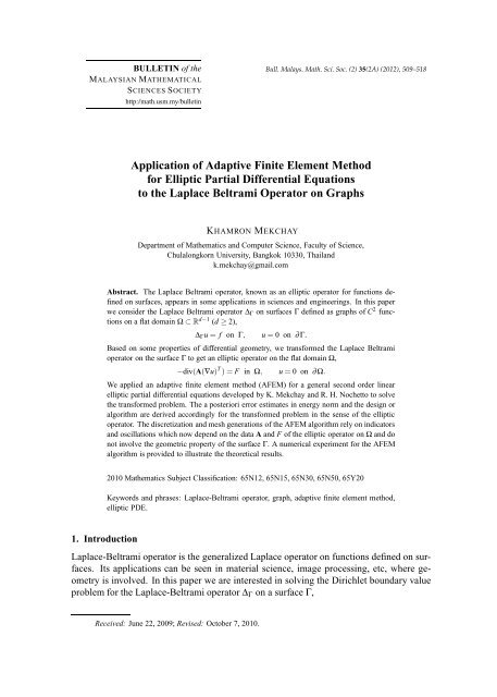 Application Of Adaptive Finite Element Method For Elliptic Partial