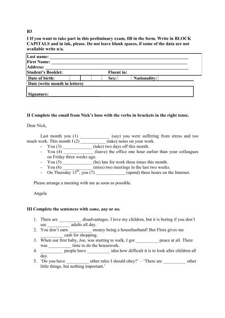 B3 I If you want to take part in this preliminary exam, fill in the ...