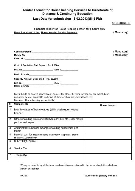 Tender Format for House keeping Services to Directorate of ...