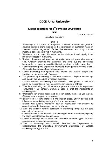 Marketing Management - DDCE, Utkal University, Bhubaneswar