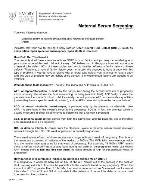 Maternal Serum Screening - Emory University Department of Human ...