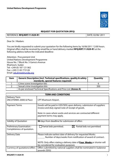 rfq - UNDP Sudan Intranet - United Nations Development Programme