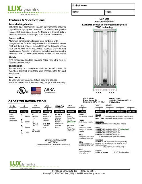ORDERING INFORMATION: Features & Specifications - Lux Dynamics