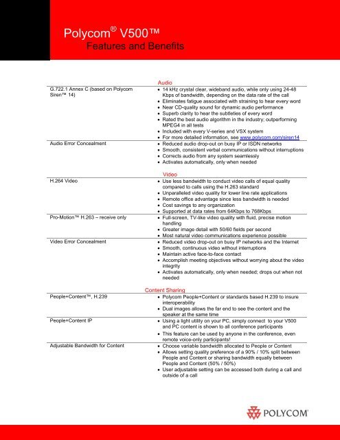 Polycom V500 Video Conferencing Features and Benefits