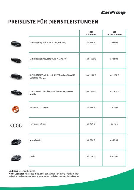 Preisliste CarPrimp Dienstleistungen bei Partner mit AutoSprühFolie von ...