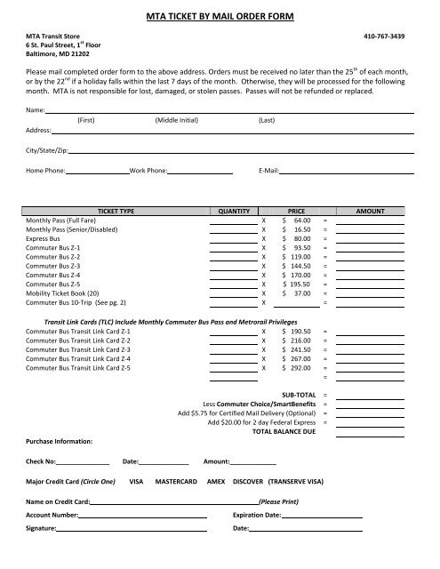 mta ticket by mail order form - Maryland Transit Administration