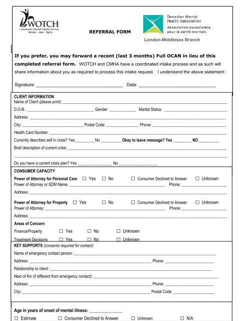 to access our REFERRAL FORM - Canadian Mental Health ...