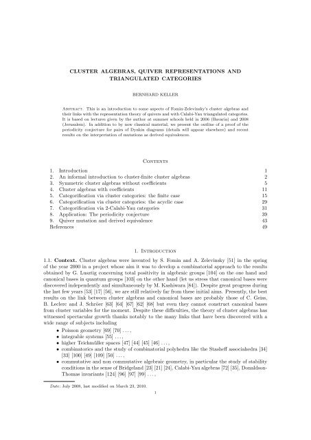 CLUSTER ALGEBRAS, QUIVER REPRESENTATIONS ... - Math - IPM
