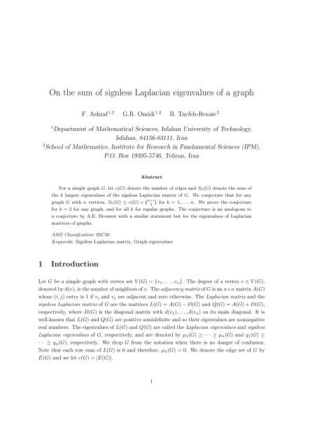 On the sum of signless Laplacian eigenvalues of a graph - Math - IPM