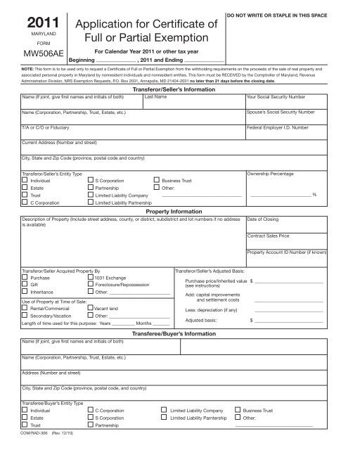 Application for Certificate of Full or Partial Exemption