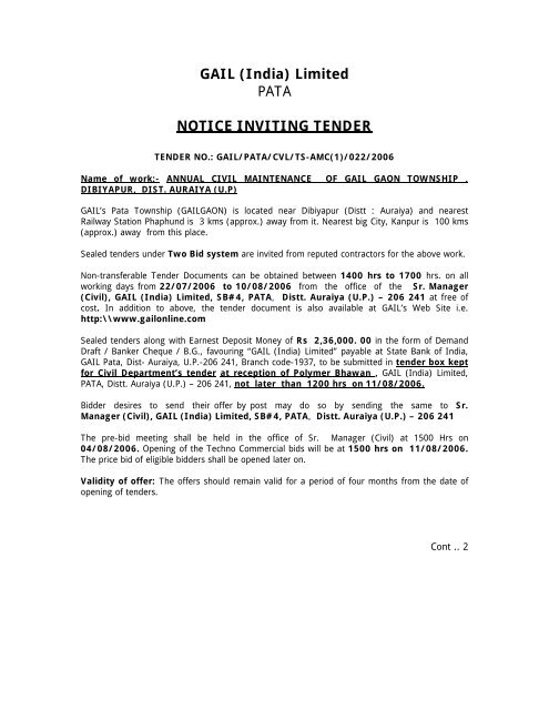 GAIL (India) Limited PATA NOTICE INVITING TENDER