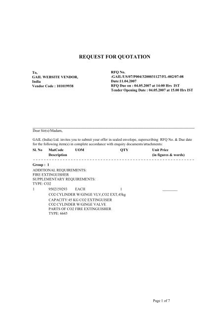 Procurement of CO2 Cylinders alongwith Ginge Valves - GAIL