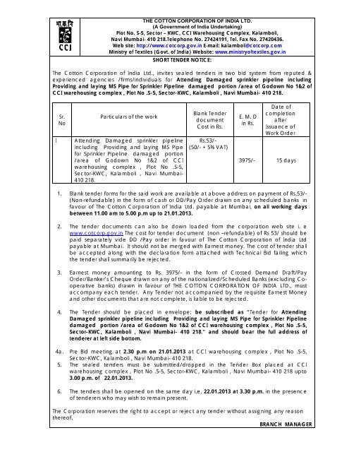 SHORT TENDER NOTICE: The Cotton Corporation ... - Tenders India
