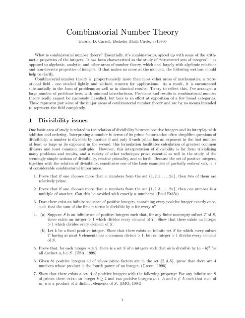 Combinatorial Number Theory - Berkeley Math Circle