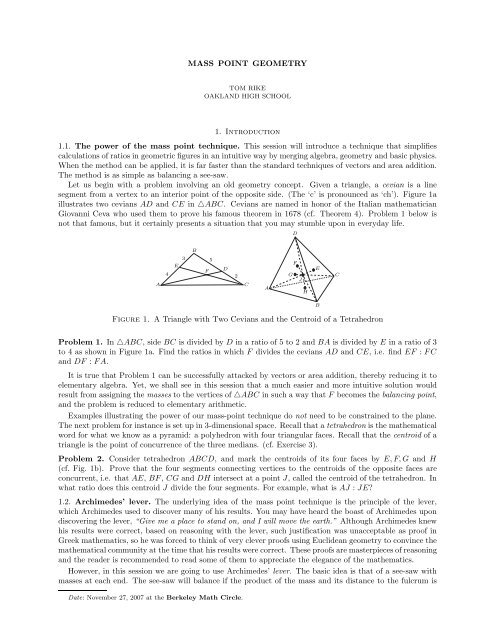 Mass Point Geometry - Berkeley Math Circle