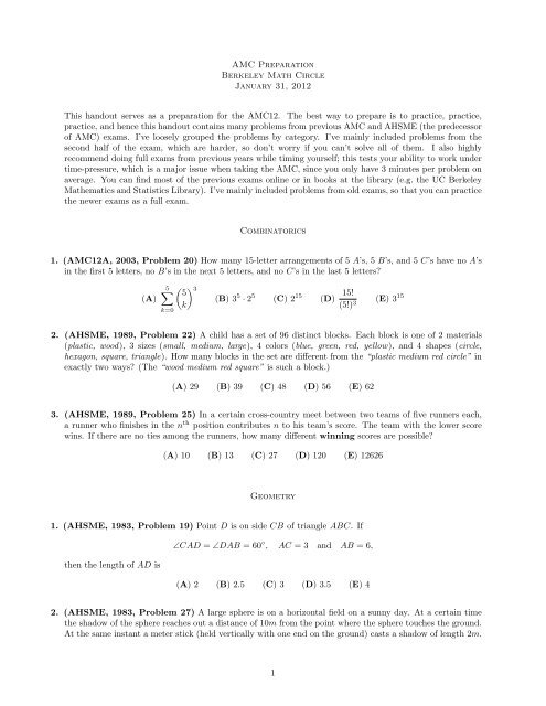 AMC 12 preparation - Berkeley Math Circle