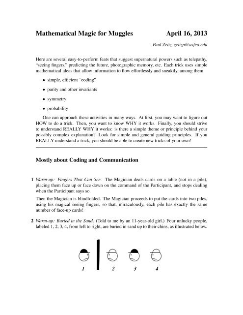 Mathematical Magic for Muggles April 16, 2013 - Berkeley Math Circle