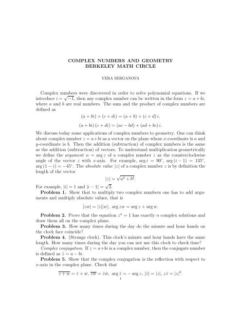 COMPLEX NUMBERS AND GEOMETRY - Berkeley Math Circle