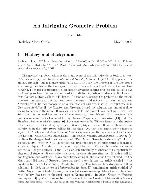 An Intriguing Geometry Problem - Berkeley Math Circle