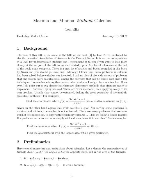 Maxima and Minima Without Calculus - Berkeley Math Circle