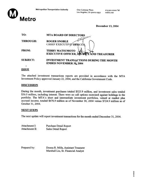 December 13, 2004 - Investment Transactions During the ... - Metro