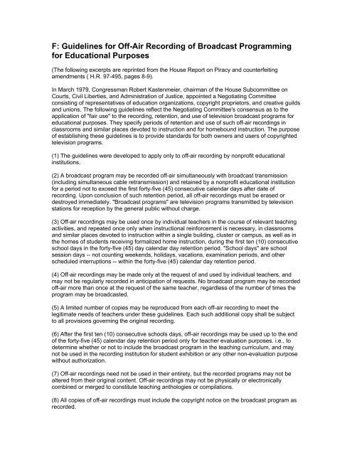 F: Guidelines for Off-Air Recording of Broadcast Programming for ...