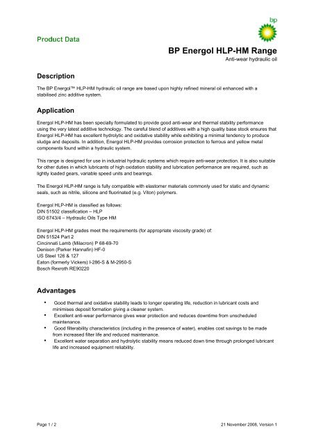 BP Energol HLP-HM Range - BP - PDS & MSDS Search