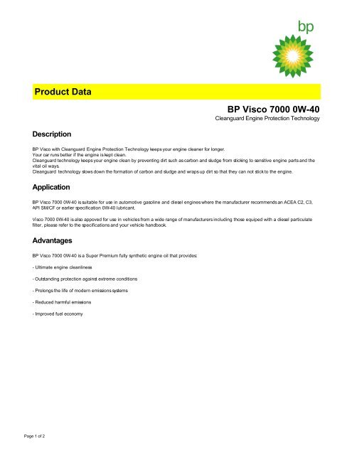 Product Data BP Visco 7000 0W-40 - BP - PDS & MSDS Search