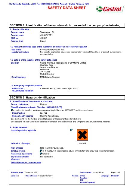 MSDS Castrol Transaqua HT-Hydraulic Fluid PDF Firefighting, 51% OFF