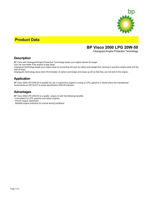 Product Data BP Visco 2000 LPG 20W-50 - BP - PDS & MSDS Search