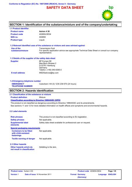 SAFETY DATA SHEET - BP - PDS & MSDS Search
