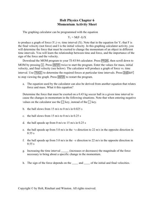 Holt Physics Chapter 6 Momentum Activity Sheet