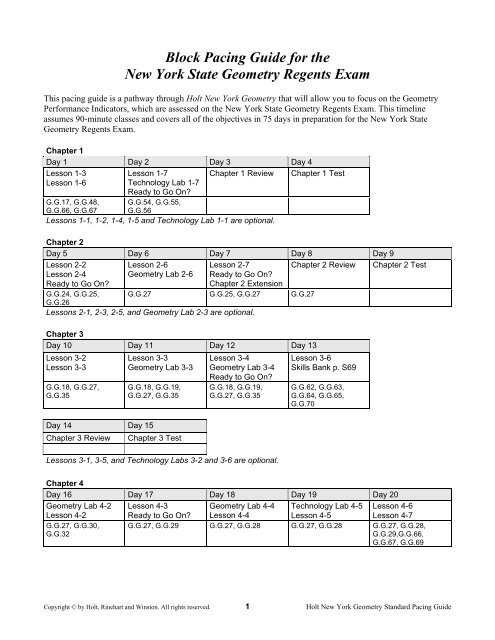 Block Pacing Guide for the New York State Geometry Regents Exam
