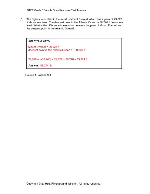 ISTEP Grade 6 Sample Open Response Test Answers